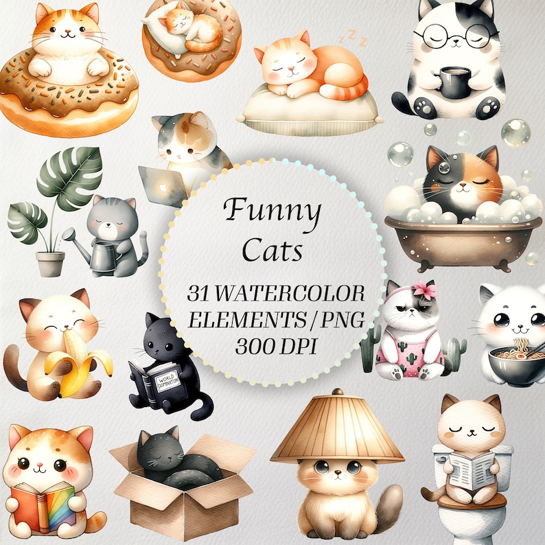 Funny Watercolor Cat Clipart Bundle Cute Cats PNG, Digital Download for ...