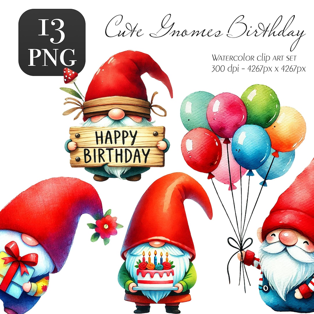 Watercolor Gnome Birthday Clipart – Cute Printable Gnomes for ...