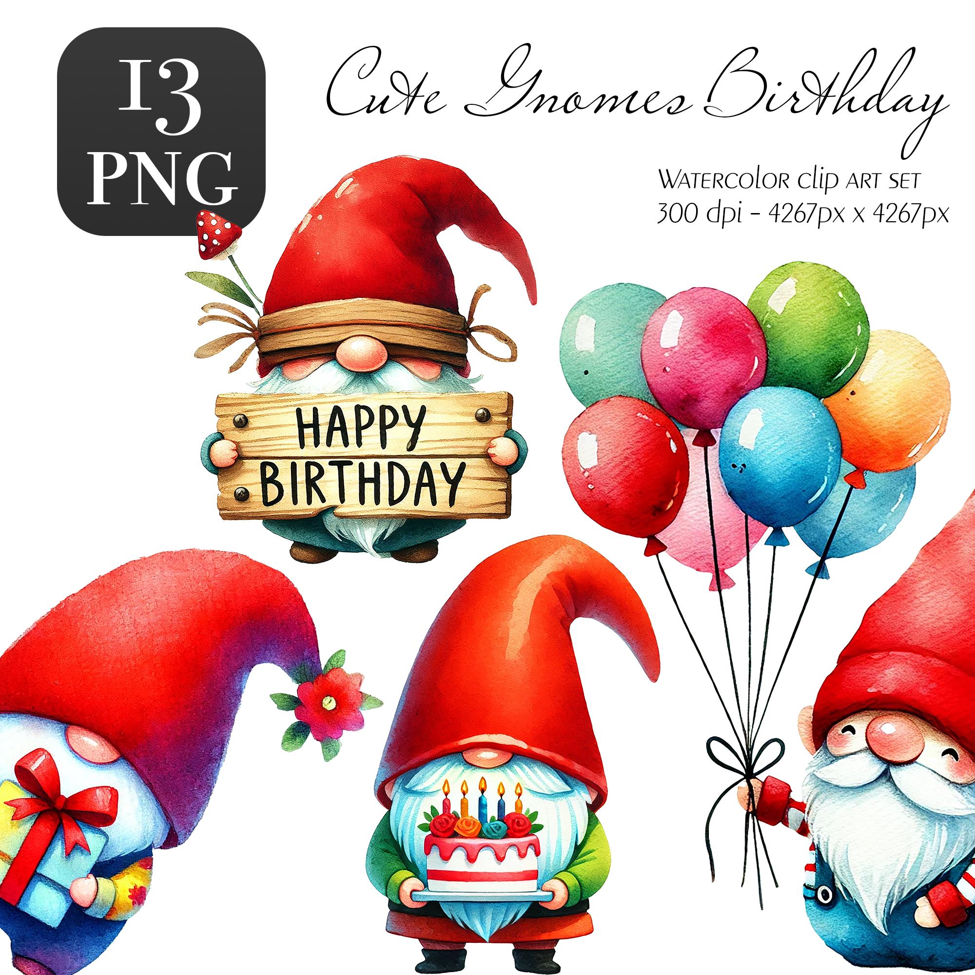 Watercolor Gnome Birthday Clipart – Cute Printable Gnomes for ...