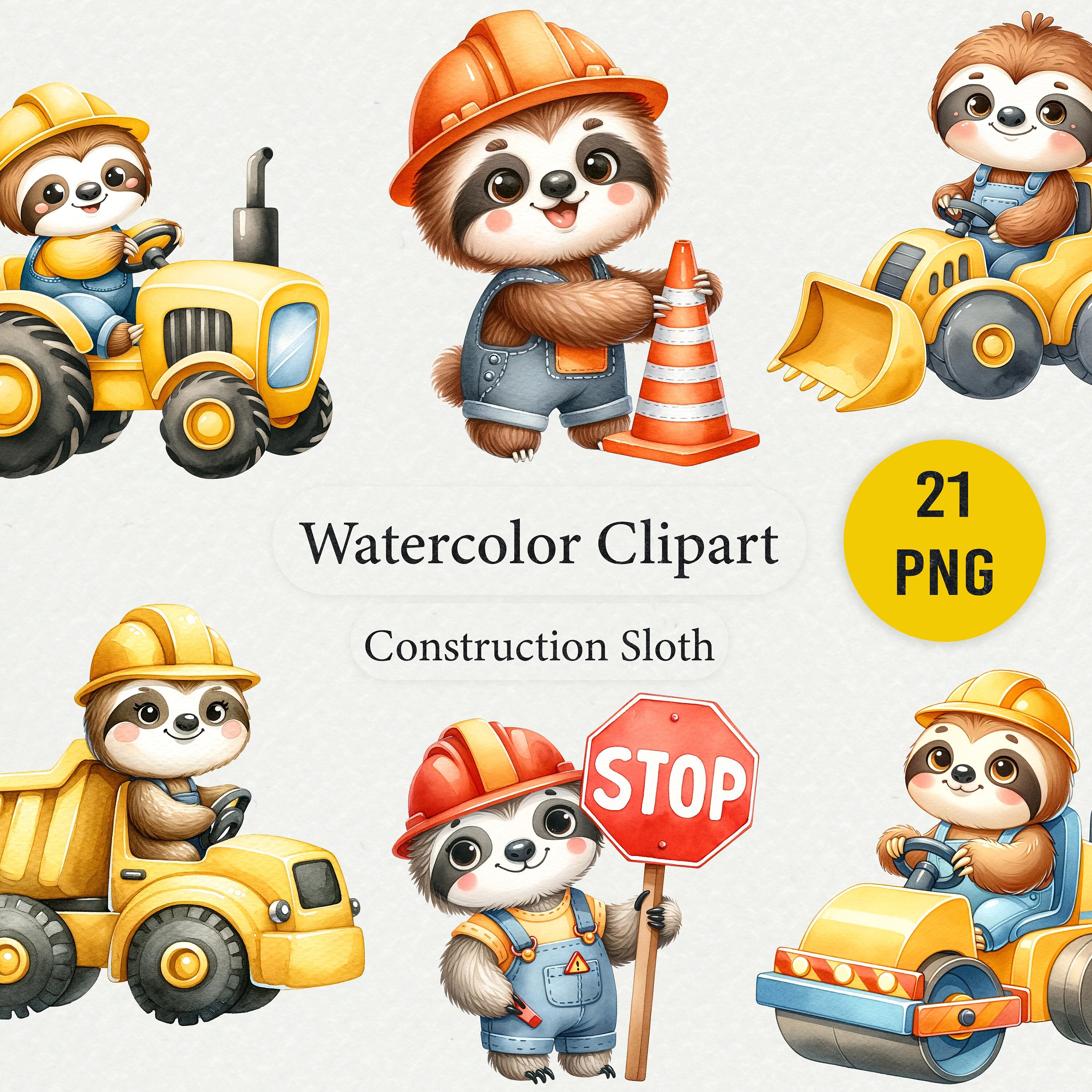 21 Construction Sloth Clipart: High-resolution Watercolor PNG, Cute ...