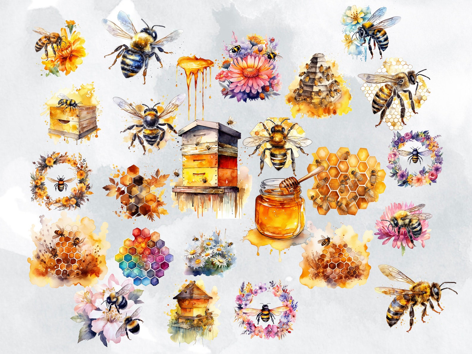 63 Pngs Blossom & Bees Watercolor Collection, Watercolor Clipart ...