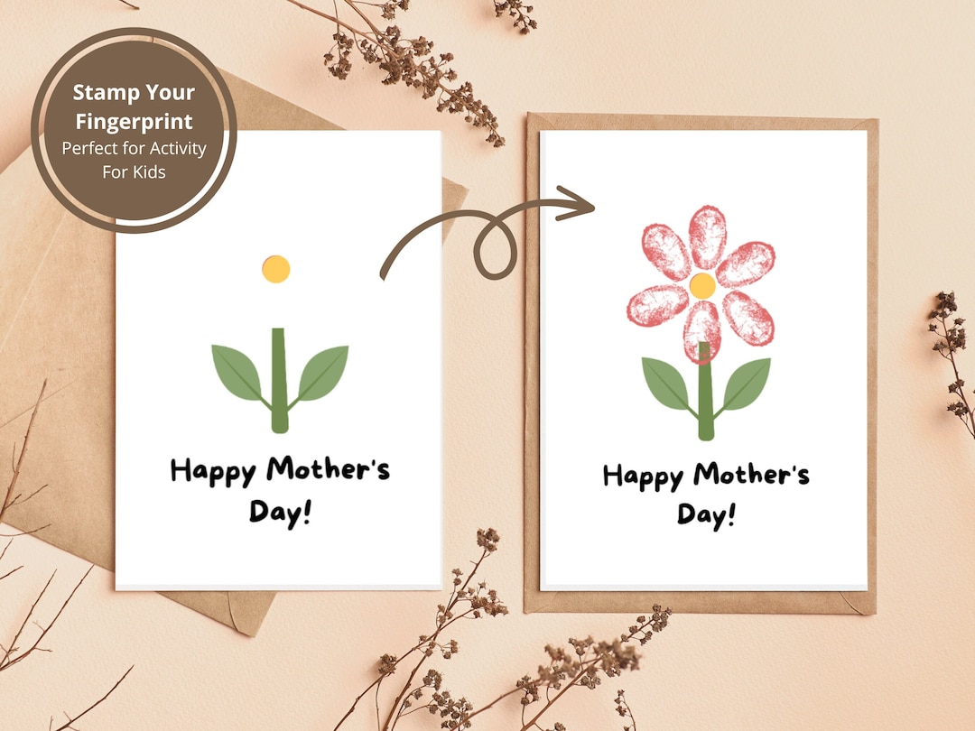 DIY Flower Printable Mother's Day Card, Kids Fingerprint Keepsake ...