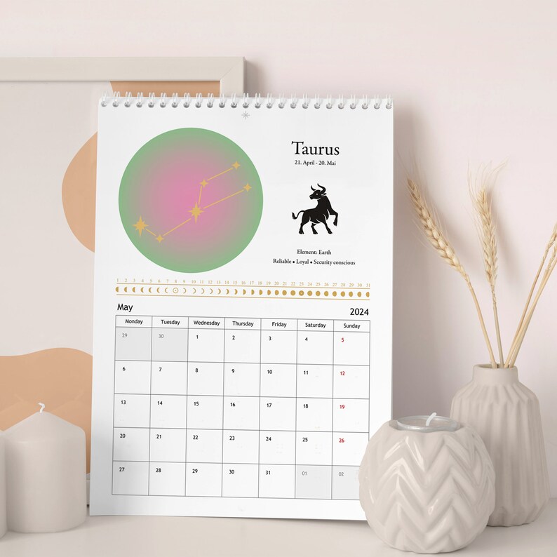 Calendario lunar 2024 signos del zodíaco, para imprimir DIN A4, fases lunares, astrología ...