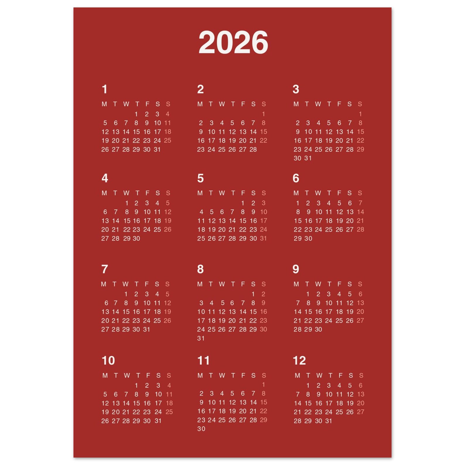 2026 Wall Calendar: Minimalist Deep Red Year Planner - Etsy