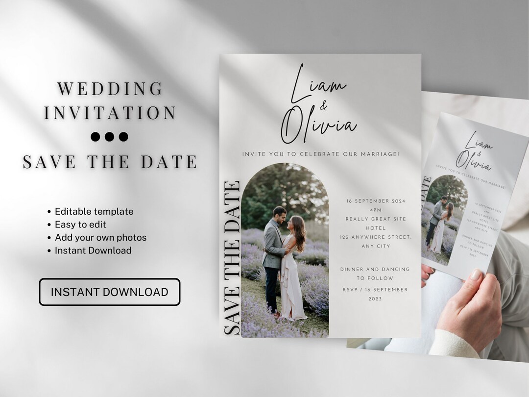 Digital Wedding Invitation Save the Date Template, Editable Canva ...