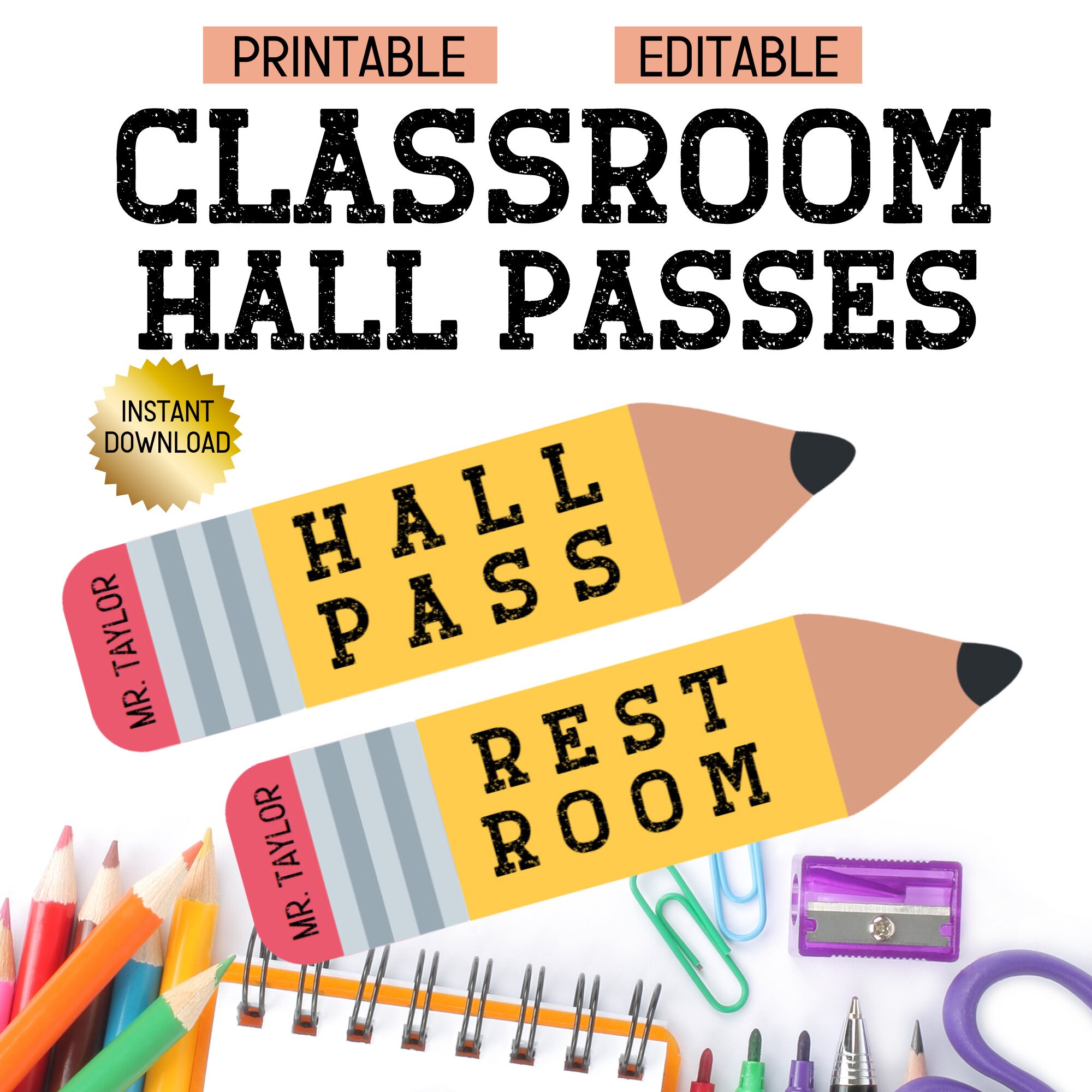 Pencil Themed Hall Pass Template for Teachers, Printable School Class ...