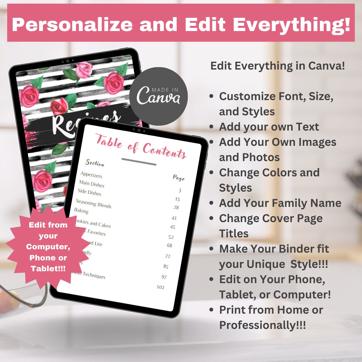 EDITABLE Recipe Binder Template, Printable Recipe Template, Recipe Card ...