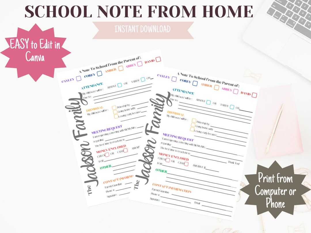 School Note Printable Instant Download Excuse Note School Note From Mom ...