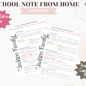 School Note Printable Instant Download Excuse Note School Note From Mom ...