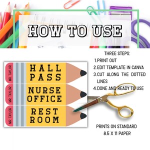 Pencil Themed Hall Pass Template for Teachers, Printable School Class ...