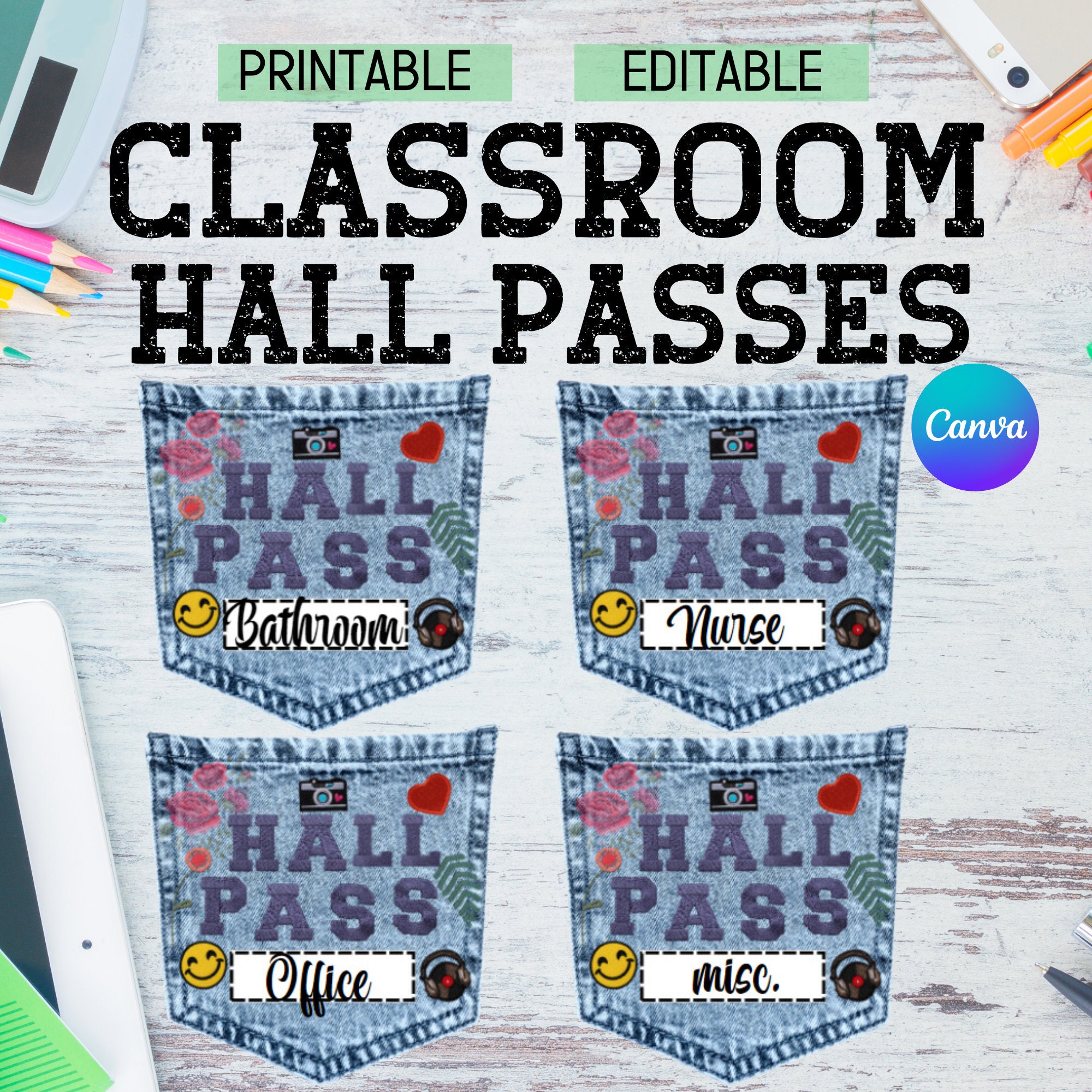 Editable Denim Classroom Hall Pass Template for Teachers, Printable ...