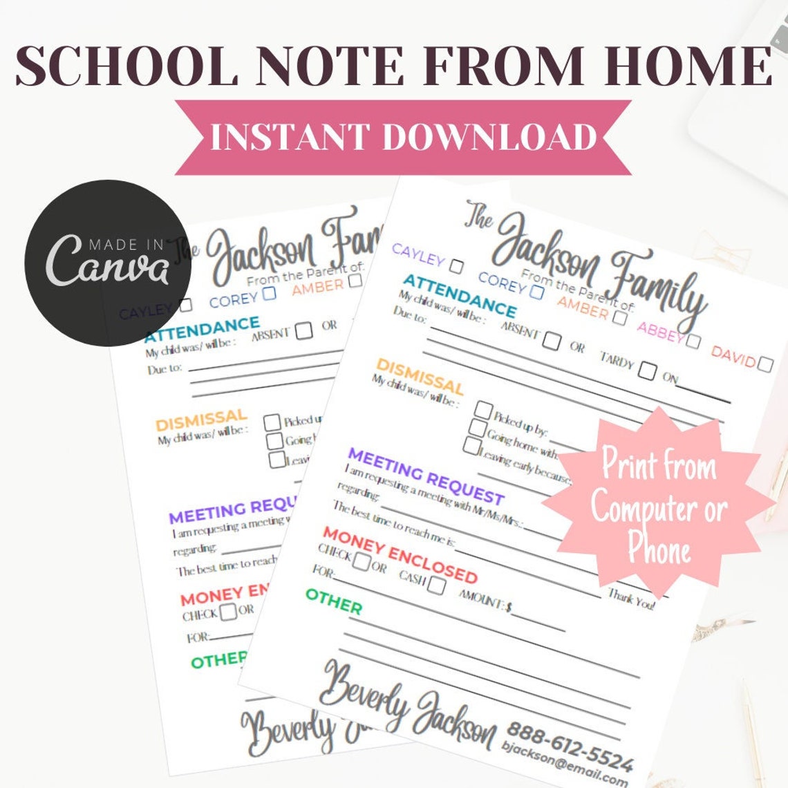 EDITABLE School Note Digital Download| Excuse Note| School Note From ...