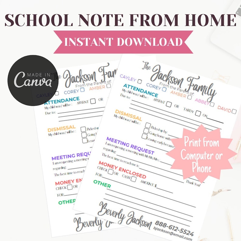 EDITABLE School Note Digital Download| Excuse Note| School Note From ...