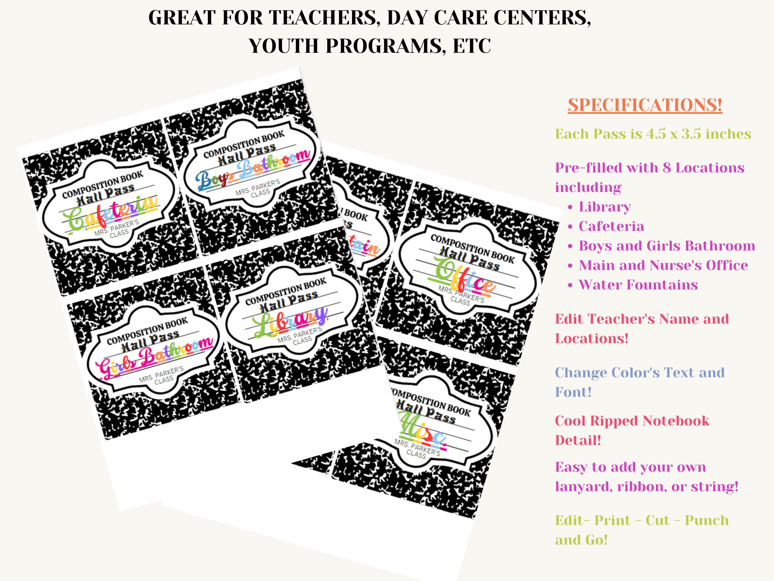 Classroom Hall Pass Printable| Instant Download| Hall Pass Template ...