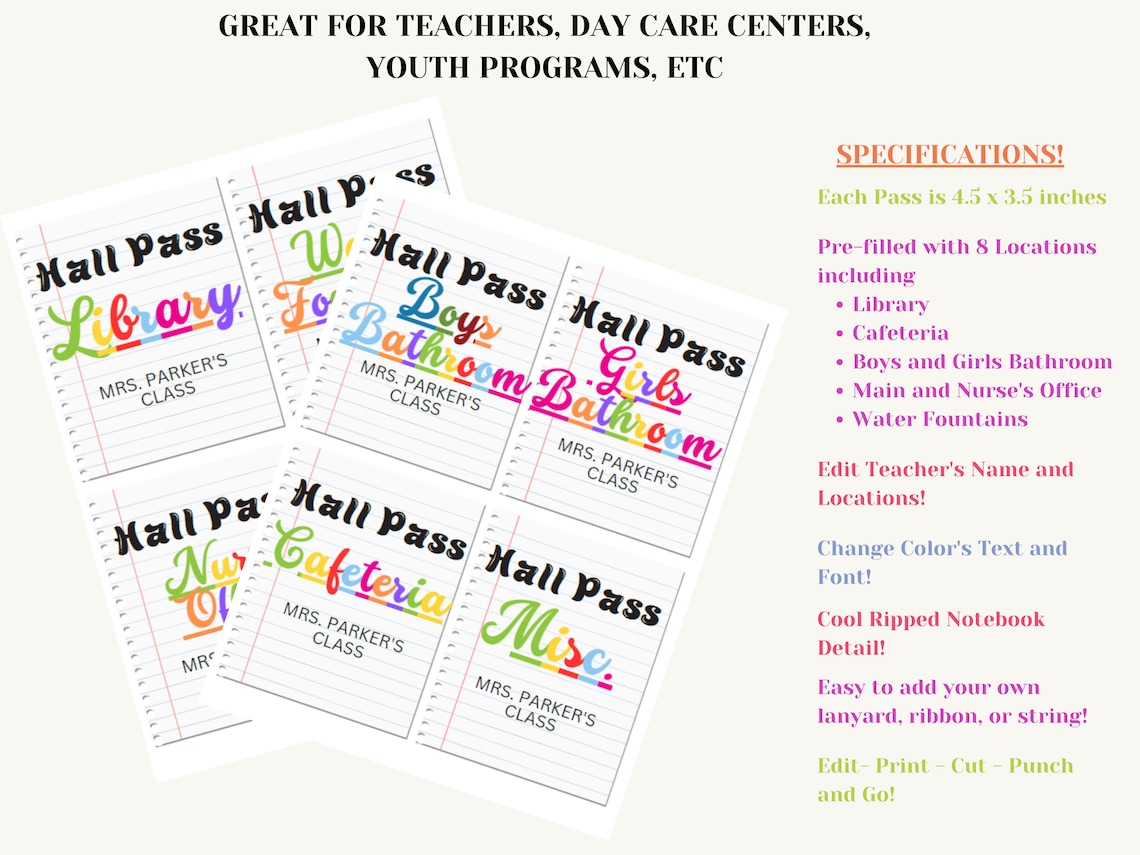 Classroom Hall Pass Printable| Instant Download| Hall Pass Template ...