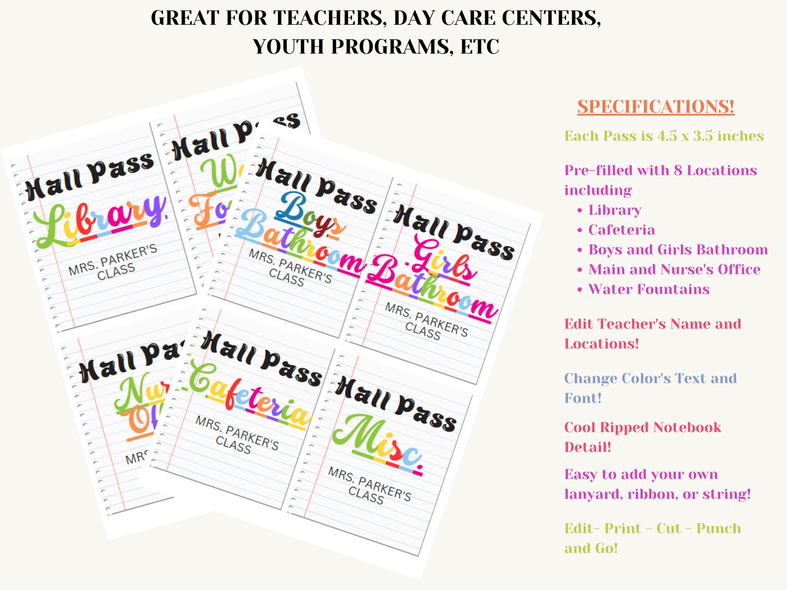 Classroom Hall Pass Printable| Instant Download| Hall Pass Template ...