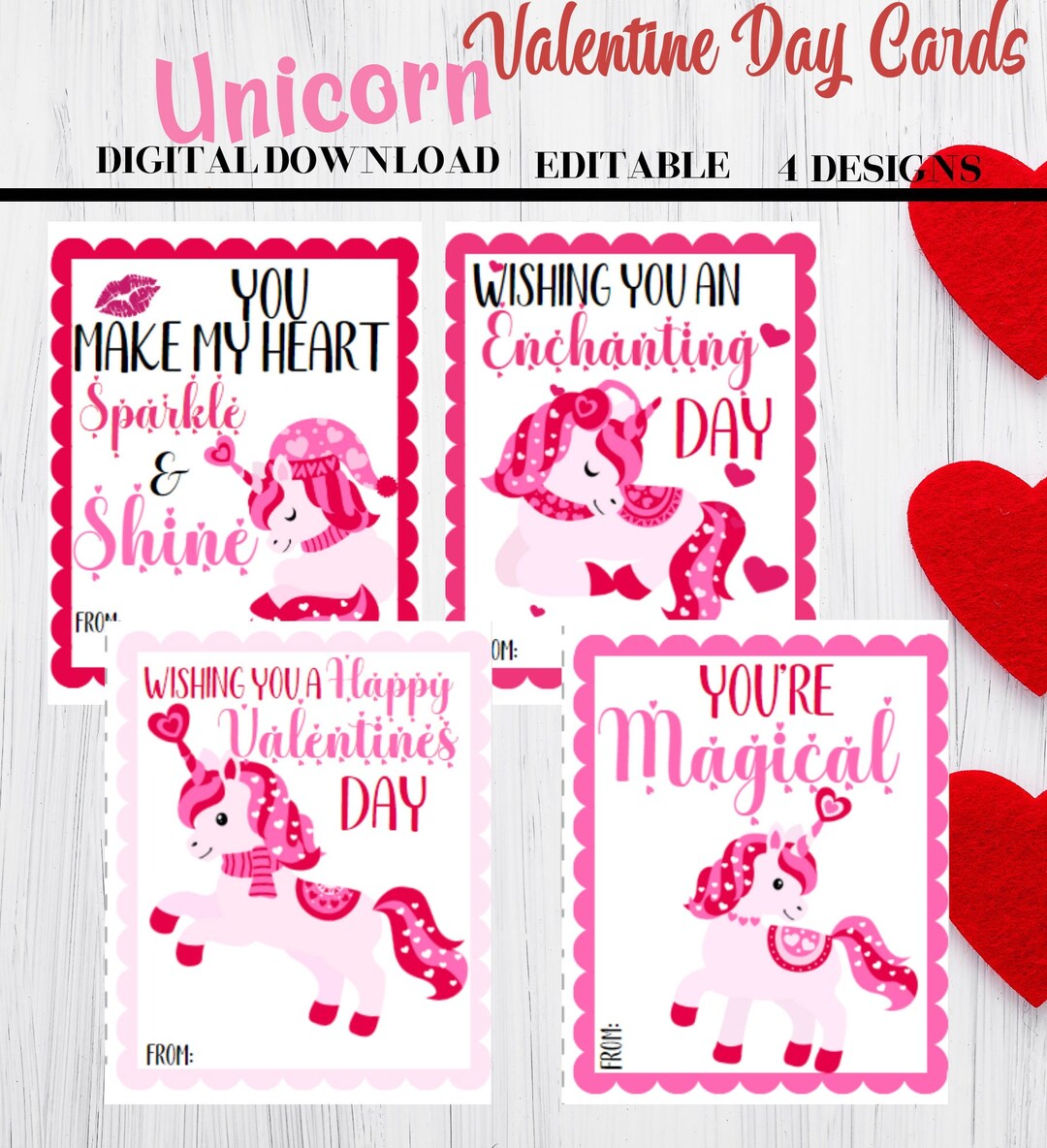 Editable Unicorn Valentine Cards, Valentine Cards for Kids Printable ...