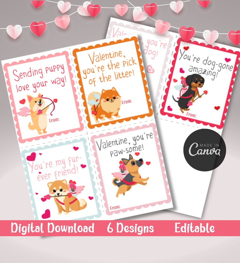 Printable Puppy Valentine Cards for Kids, Editable Dog Valentines ...