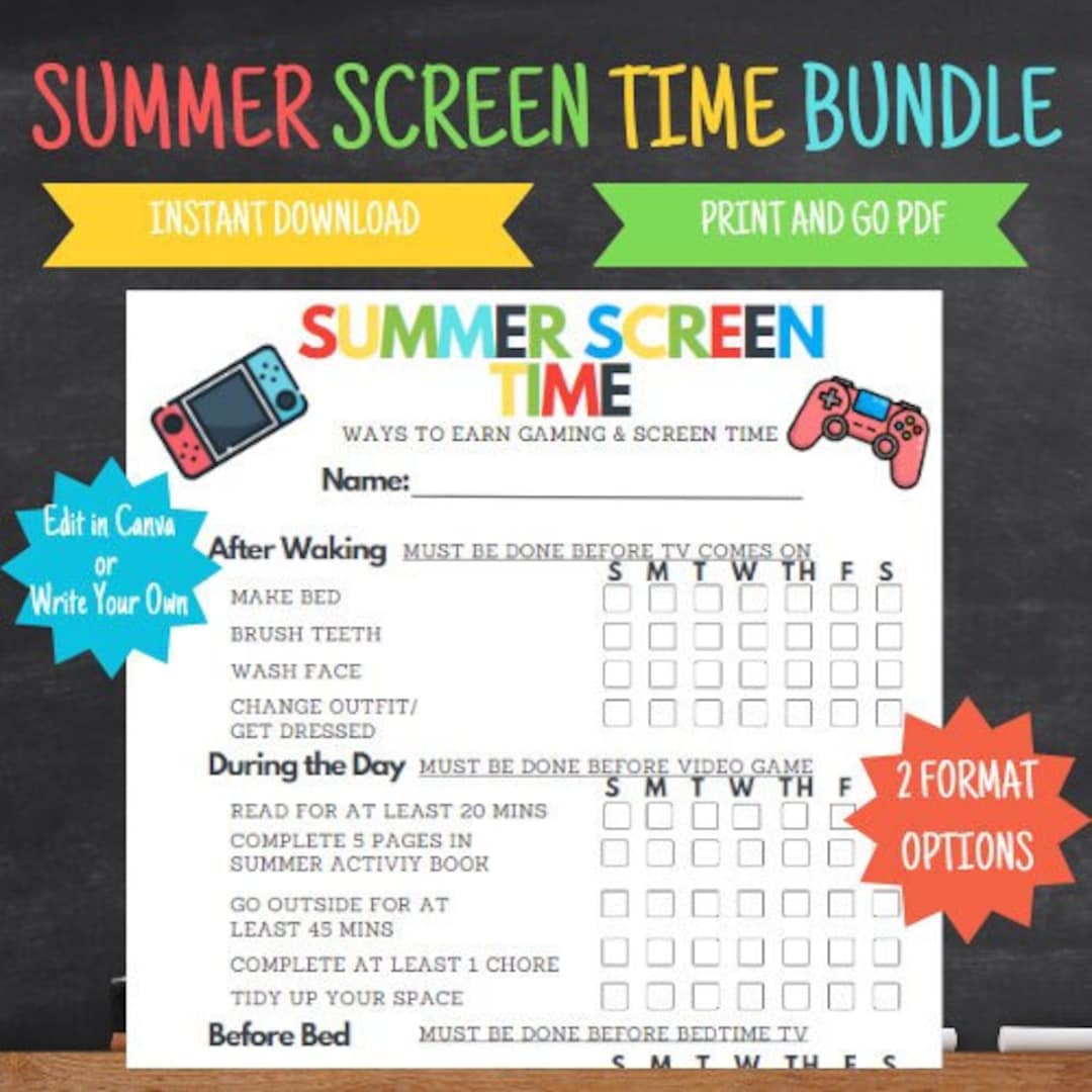 Summer Screen Time Checklist, Editable Printable Instant Download ...
