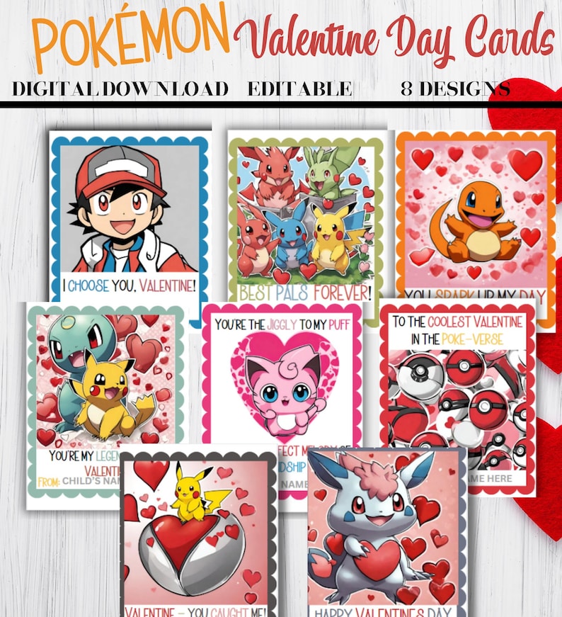Pokemon Valentine Cards, Editable & Printable Vday Cards for Kids, Cute ...