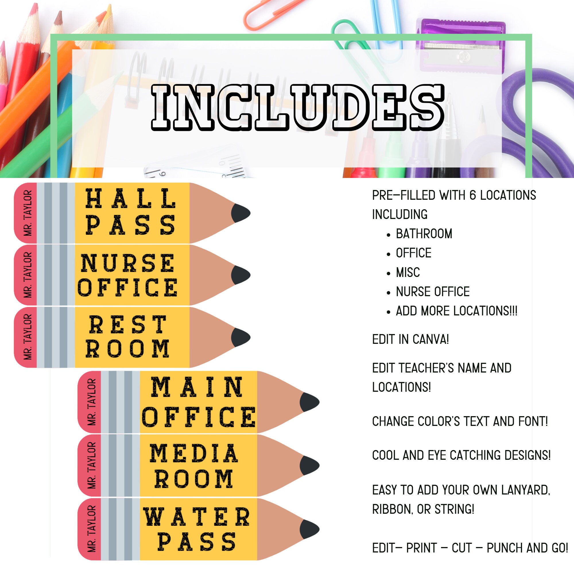 Pencil Themed Hall Pass Template for Teachers, Printable School Class ...