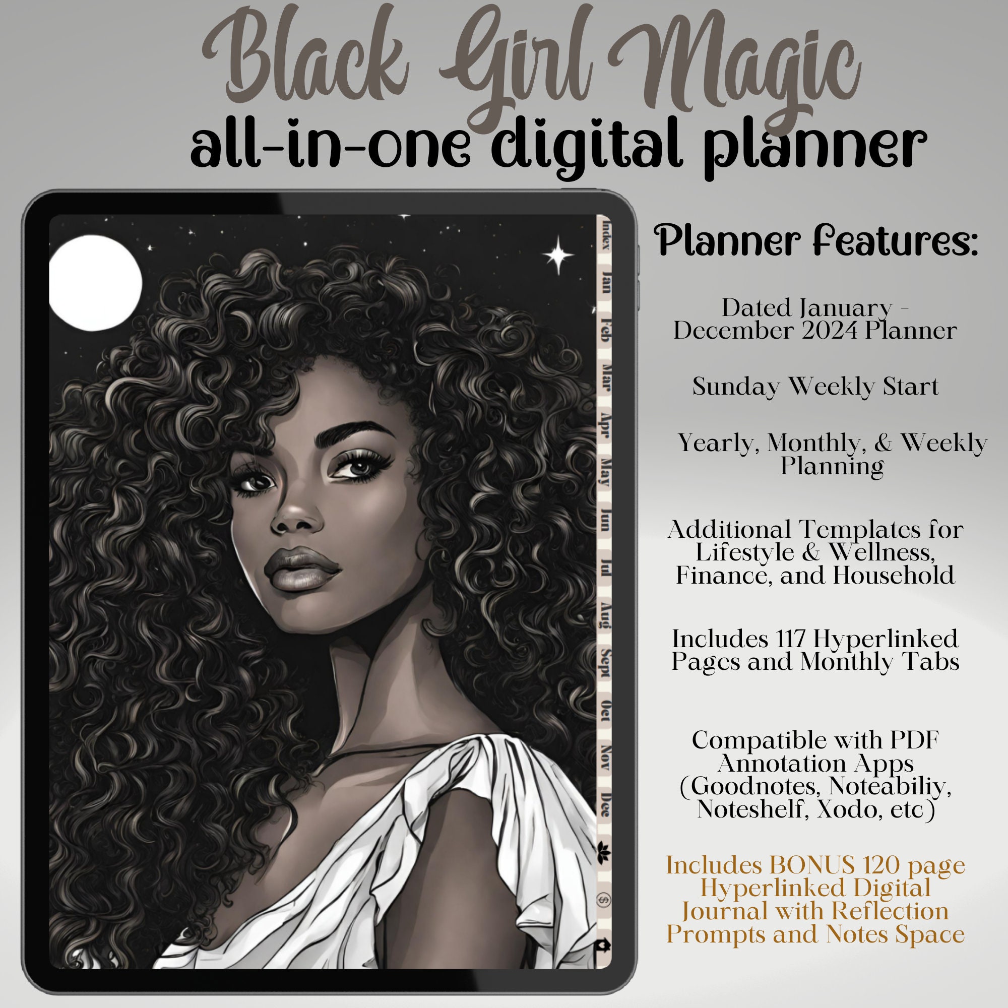 2024 Digital Planner, Black Girl Planner, Hyperlinked Digital Planner ...