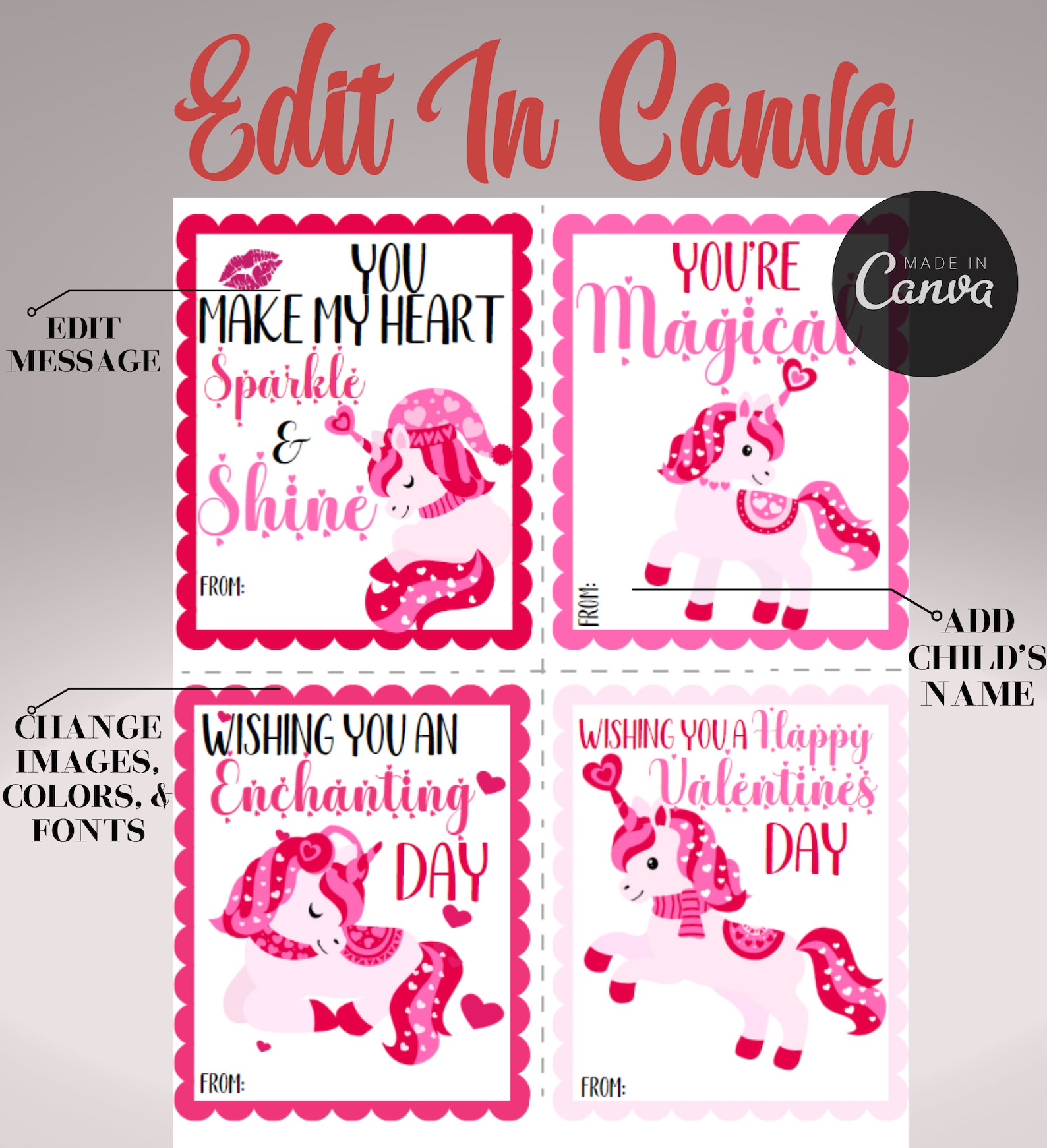 Editable Unicorn Valentine Cards, Valentine Cards for Kids Printable ...