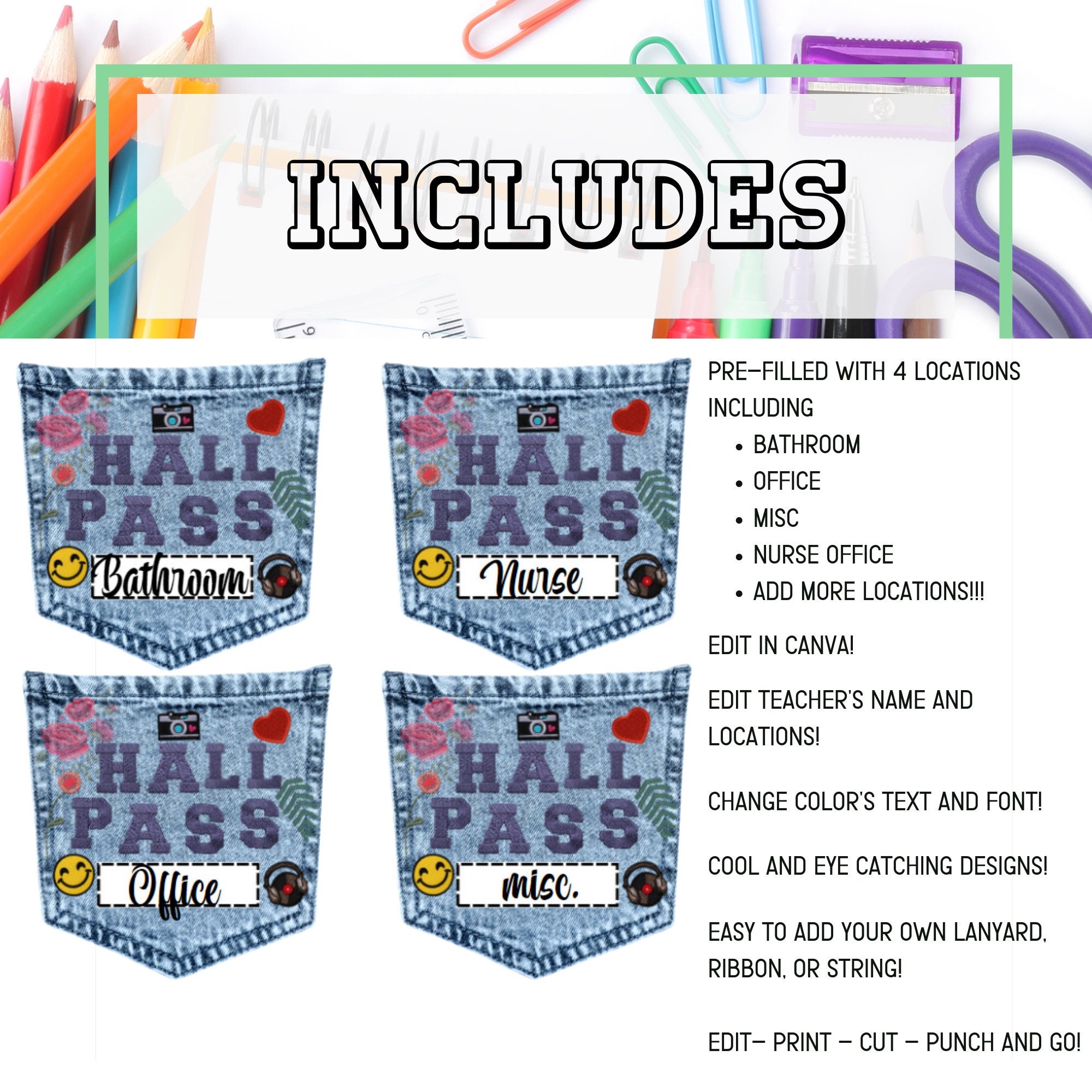 Editable Denim Classroom Hall Pass Template for Teachers, Printable ...