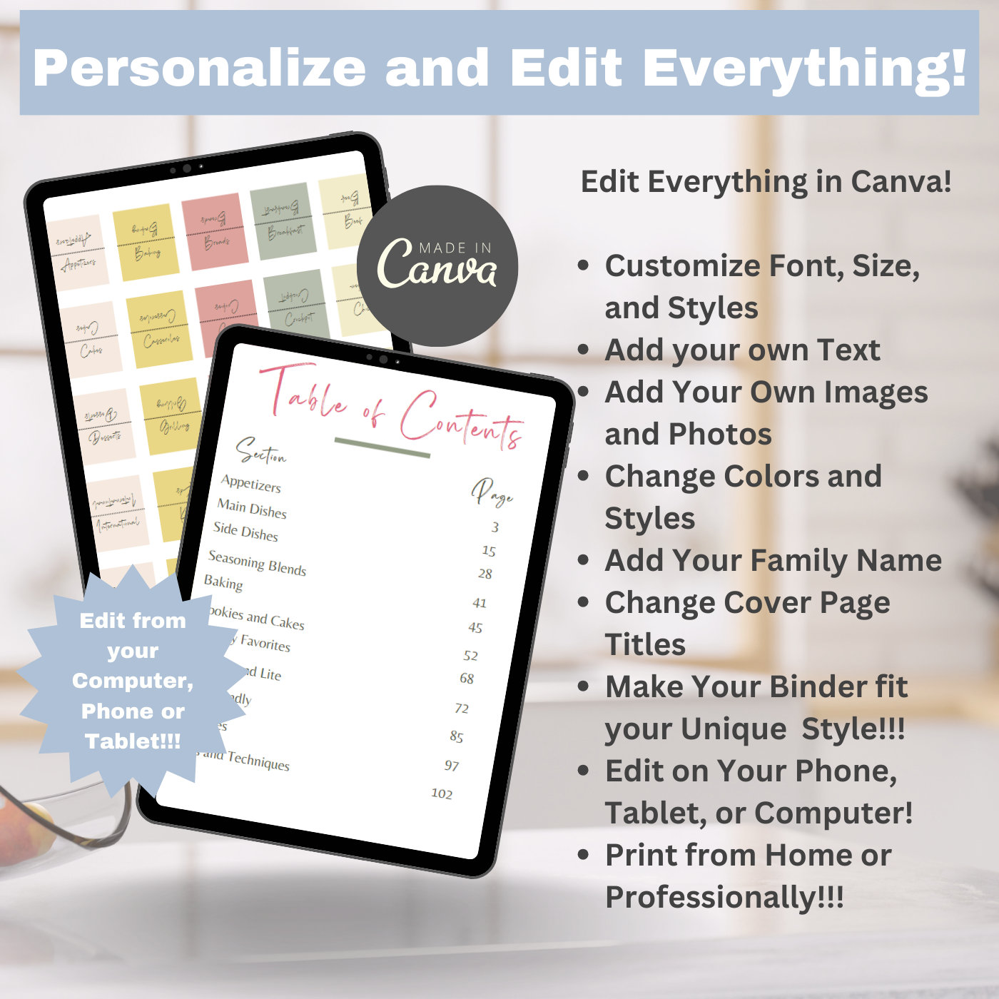 EDITABLE Recipe Binder Template, Printable Recipe Template, Recipe Card ...