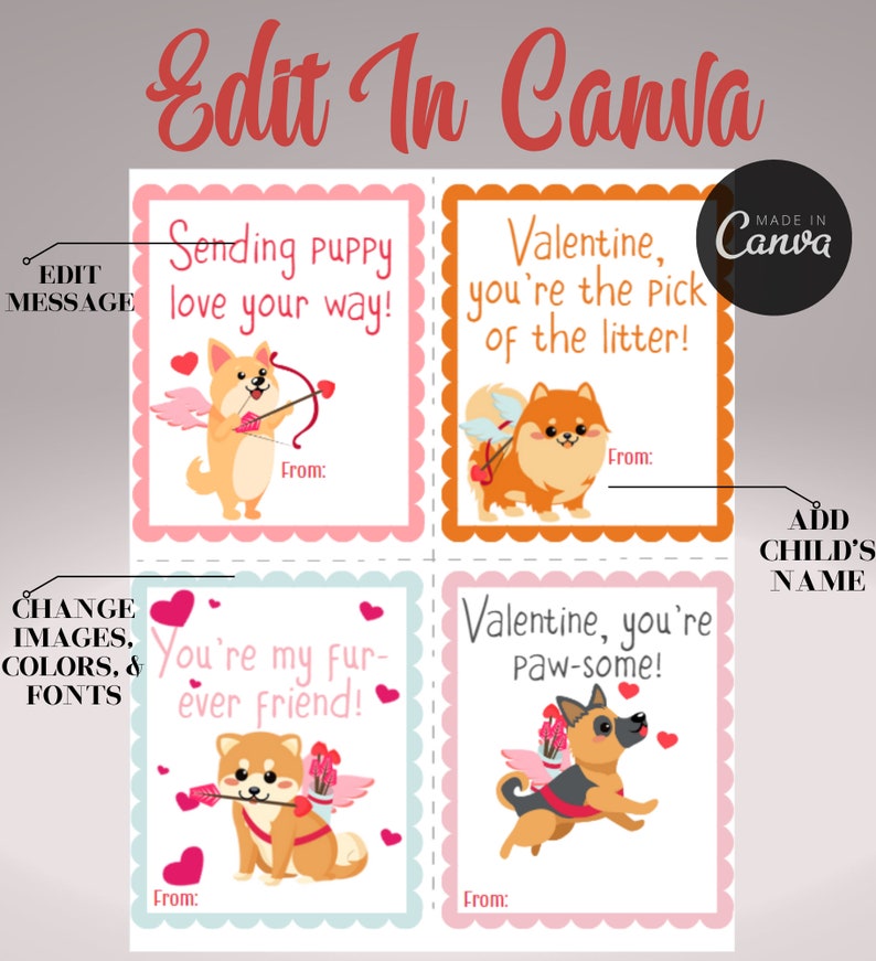 Printable Puppy Valentine Cards for Kids, Editable Dog Valentines ...