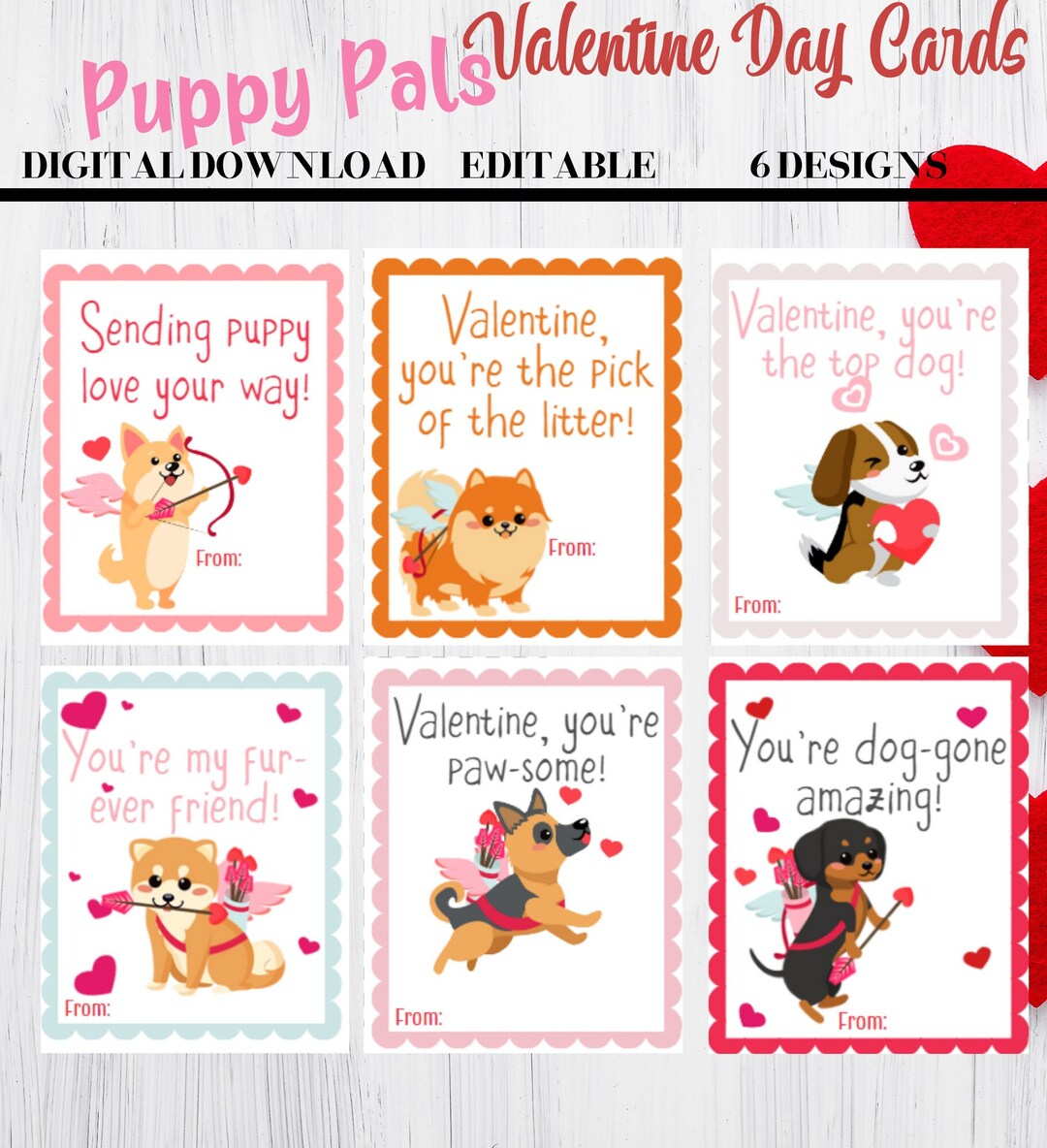 Printable Puppy Valentine Cards for Kids, Editable Dog Valentines ...