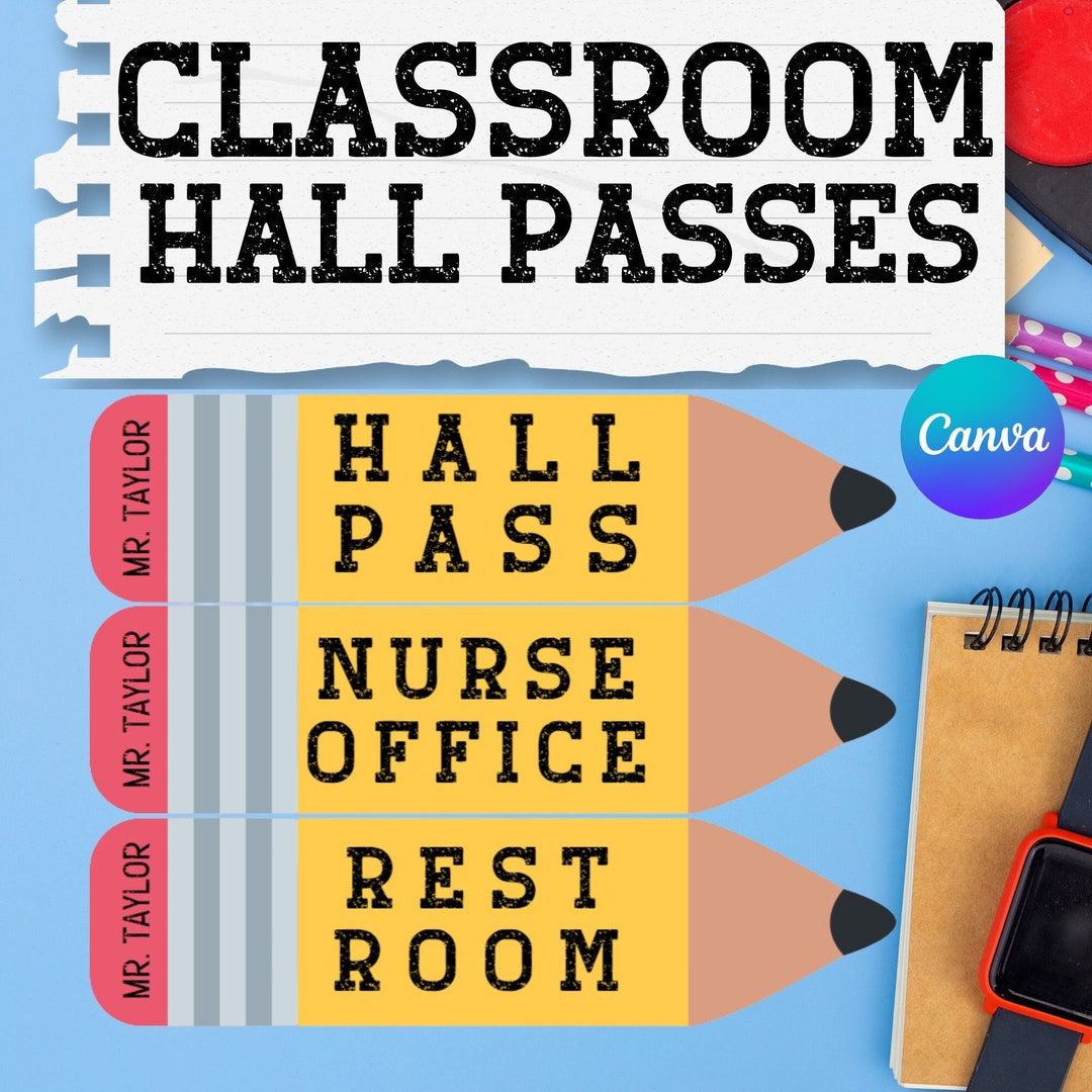 Pencil Themed Hall Pass Template for Teachers, Printable School Class ...
