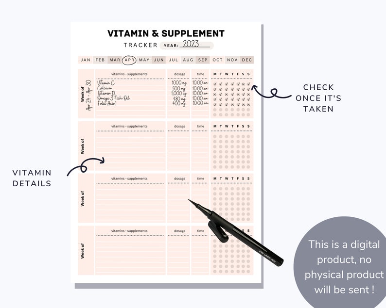 Vitamin Supplement Tracker, Health Log, Supplement Organizer, Vitamins ...