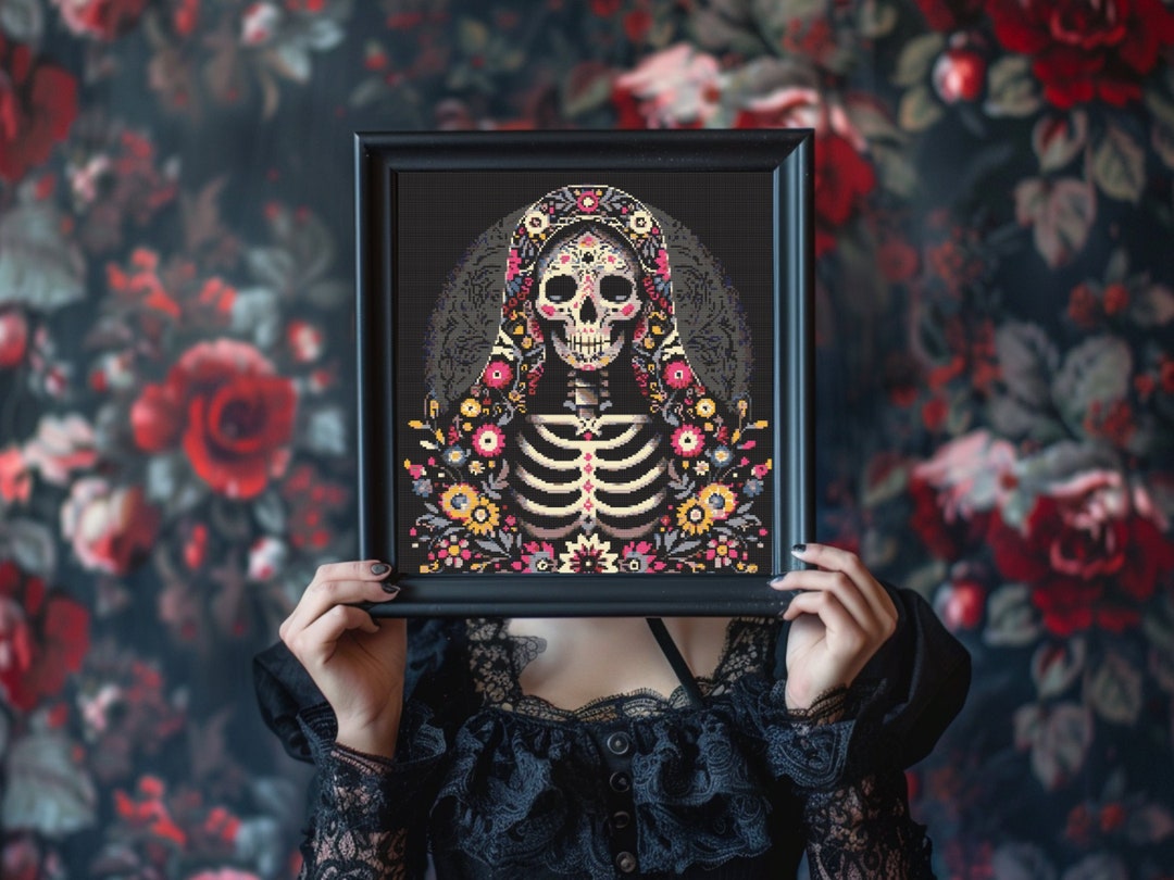 Folk Art Skeleton With Flowers Cross Stitch Pattern PDF Floral Xstitch ...