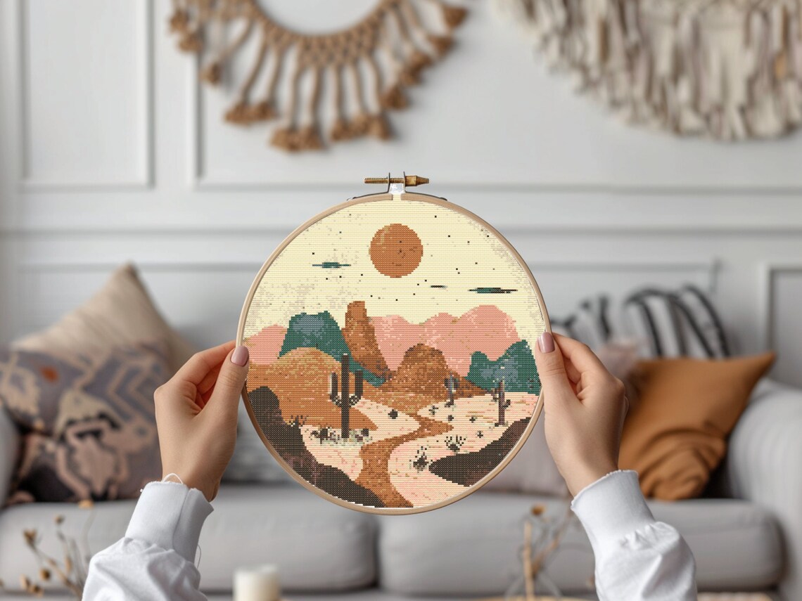 Retro Desert Landscape Cross Stitch Pattern: Sunset Cactus (PDF) - Etsy