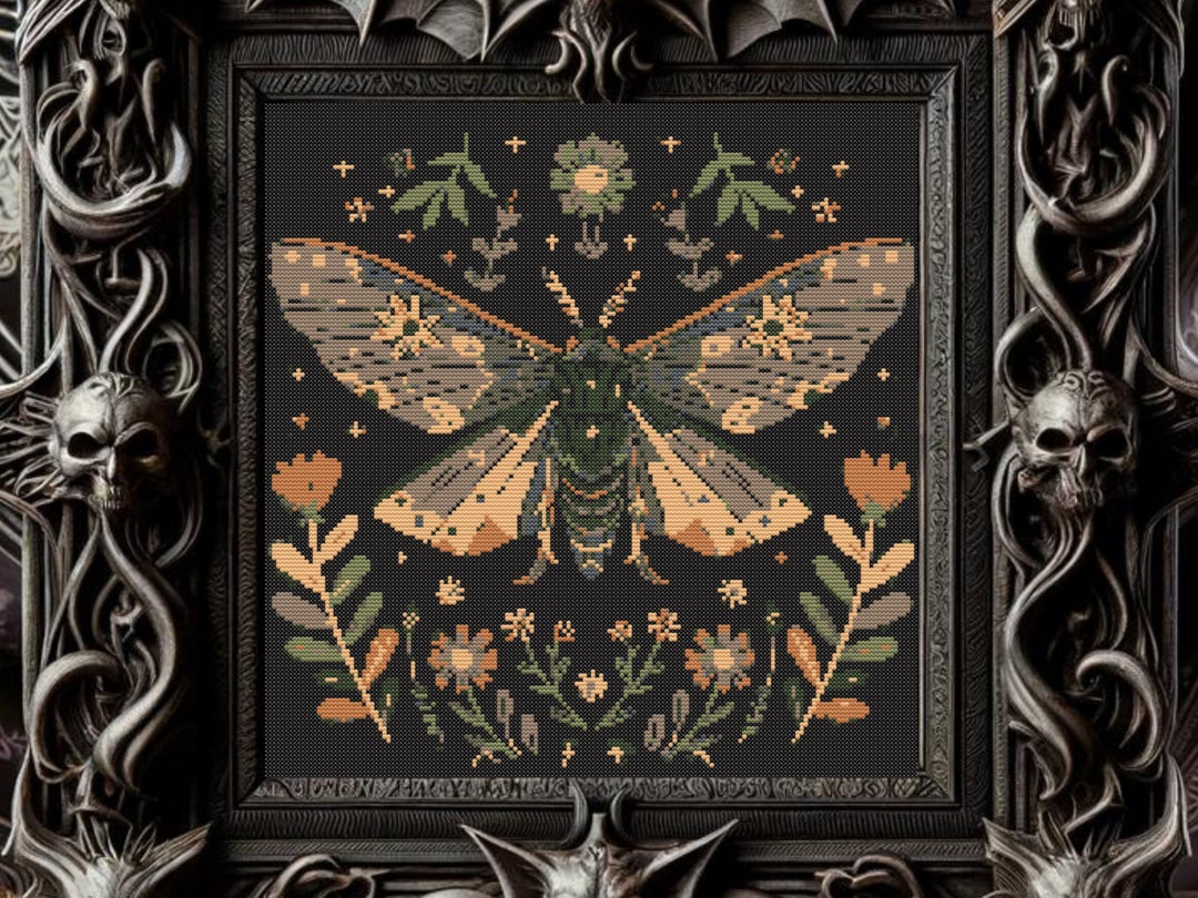 Death Head Moth Cross Stitch Pattern PDF | Gothic Floral Moth Cross ...
