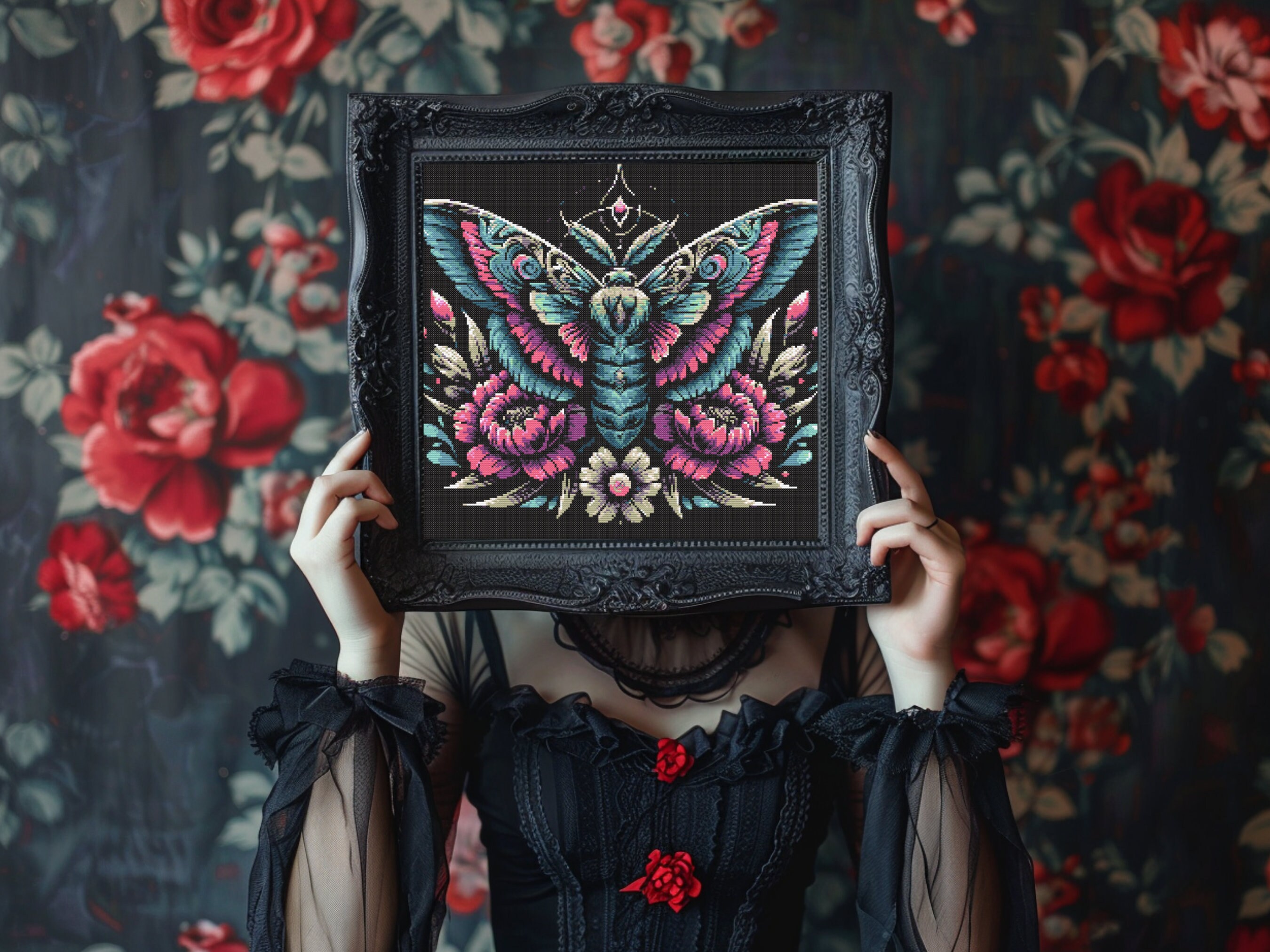 Gothic Moth Cross Stitch Pattern PDF Floral Moth Cross Stitch Chart ...