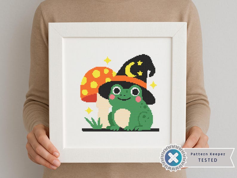 Wizard Frog Cross Stitch Pattern: Witch Hat, Mushroom, Kawaii Halloween ...