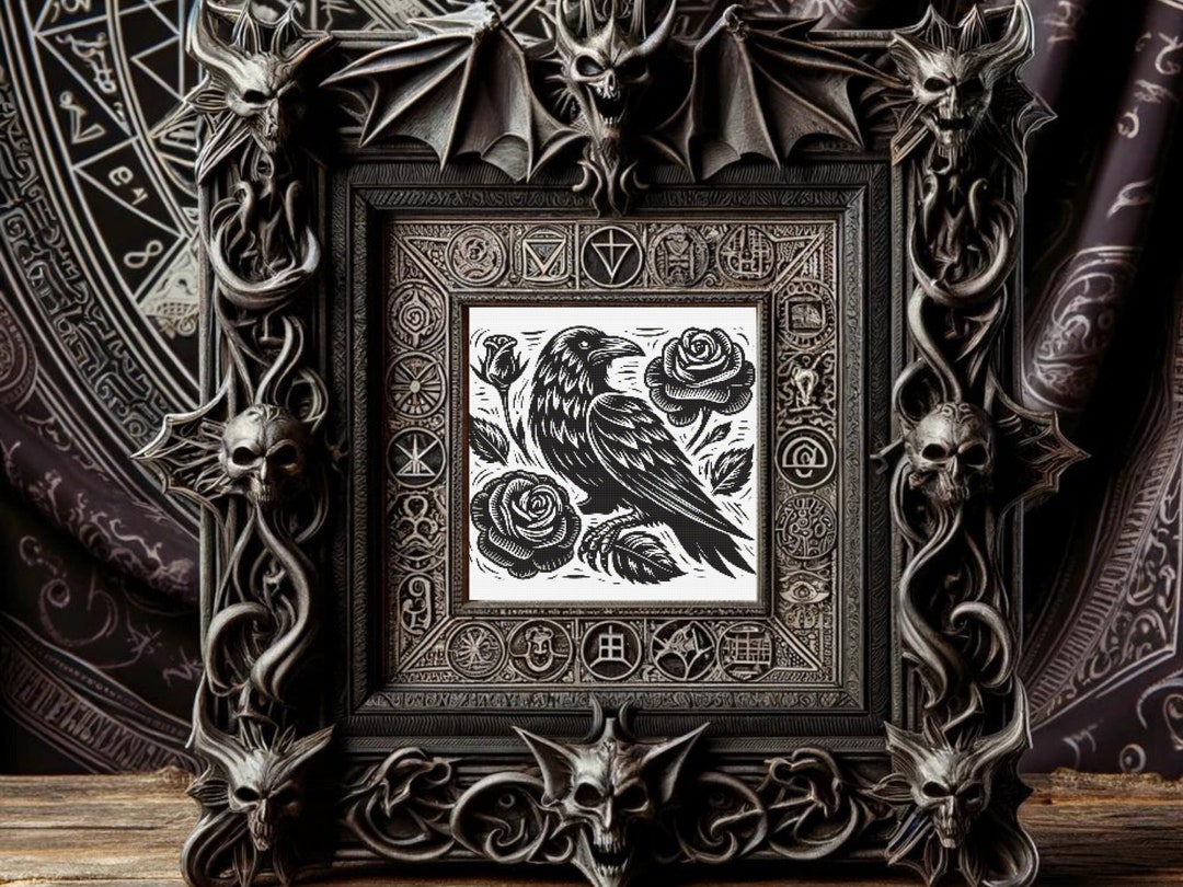 Raven Woodcut Cross Stitch Pattern: Gothic Halloween X-stitch (PDF) - Etsy
