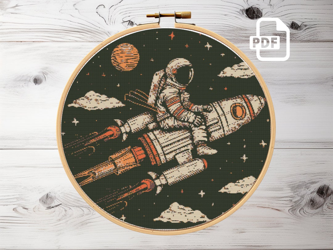 Astronaut on a Rocket Cross Stitch Pattern PDF, Cosmos X-cross Stitch ...