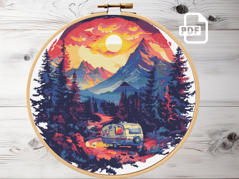 Camping in Forest Cross Stitch Pattern: Mountain Landscape (PDF) - Etsy