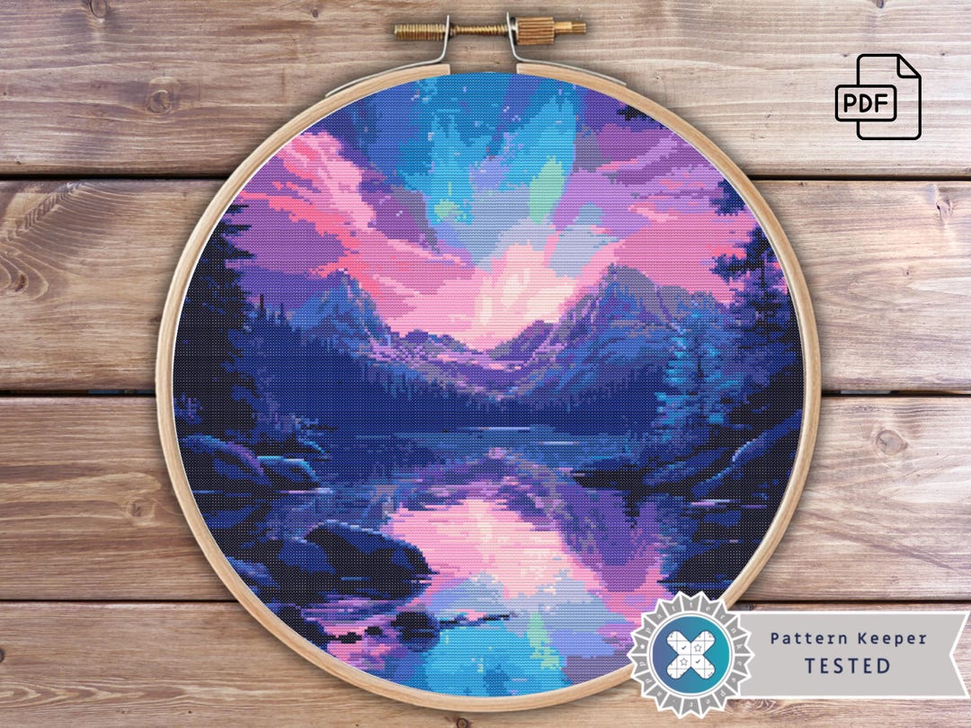 Mountain Lake Aurora Cross Stitch Pattern: Northern Lights Landscape ...