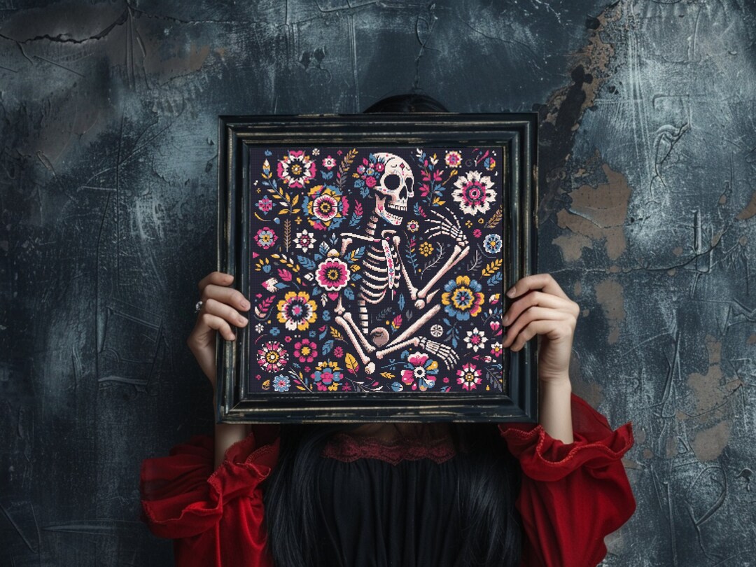 Folk Art Skeleton With Flowers Cross Stitch Pattern PDF | Floral ...