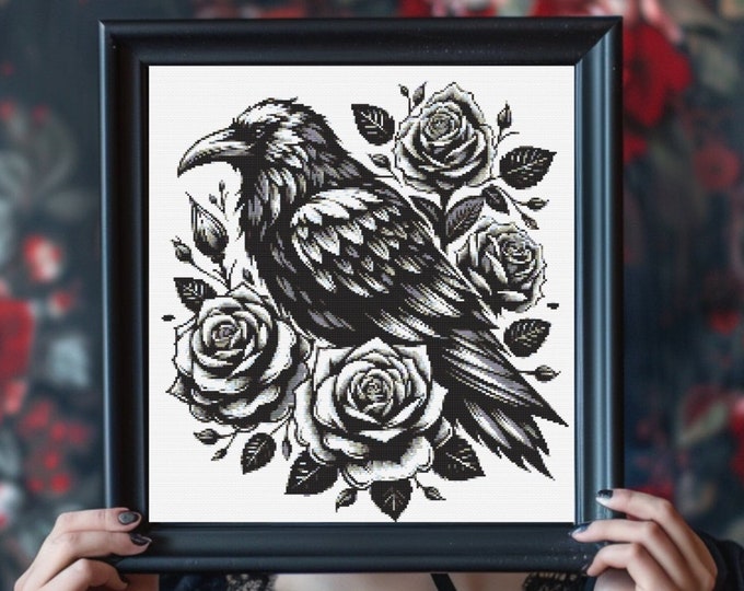 Raven Woodcut Crow Cross Stitch Pattern Horror Gift for Goth X-stitch ...