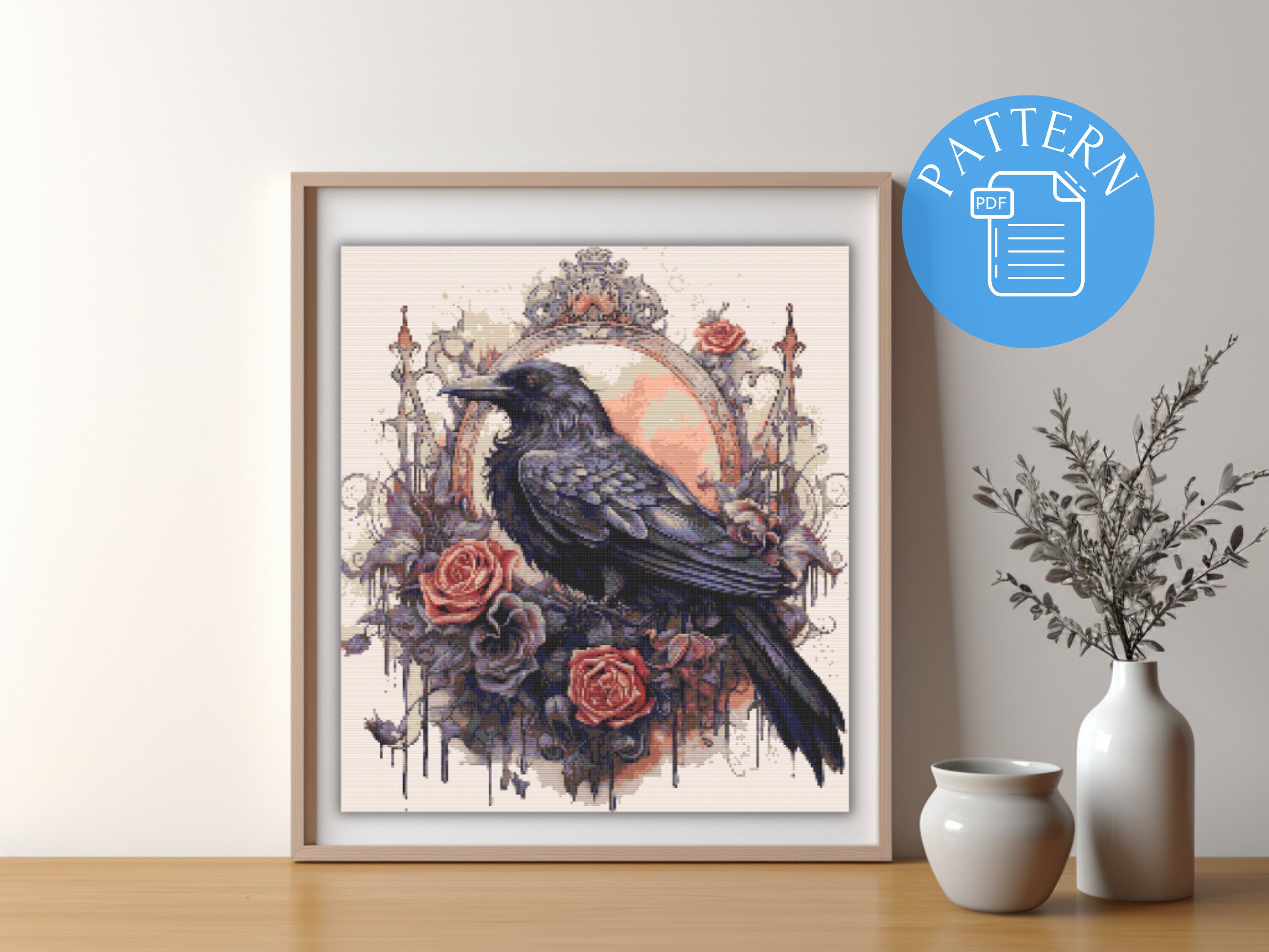 Watercolor Raven and Roses Cross Stitch Pattern Modern - Etsy
