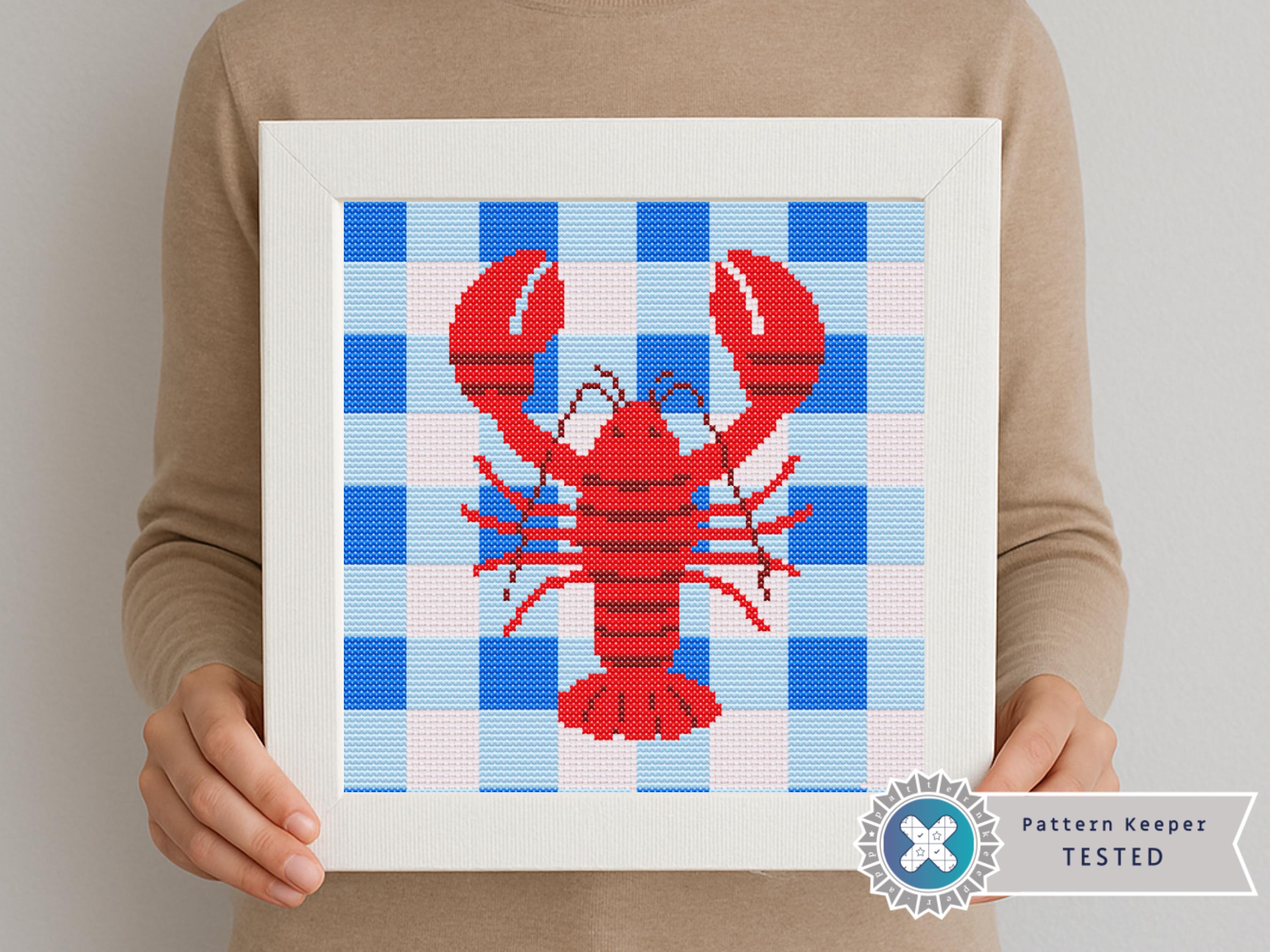 Lobster Cross Stitch Pattern PDF – Coastal Kitchen Decor, Blue Gingham ...