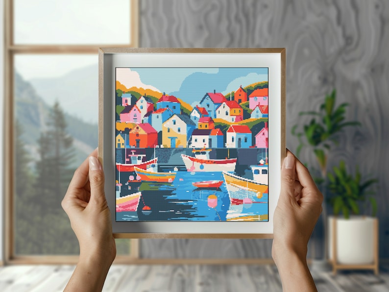 Harbour Cross Stitch Pattern: Colorful Boats, Coastal Town (digital PDF ...