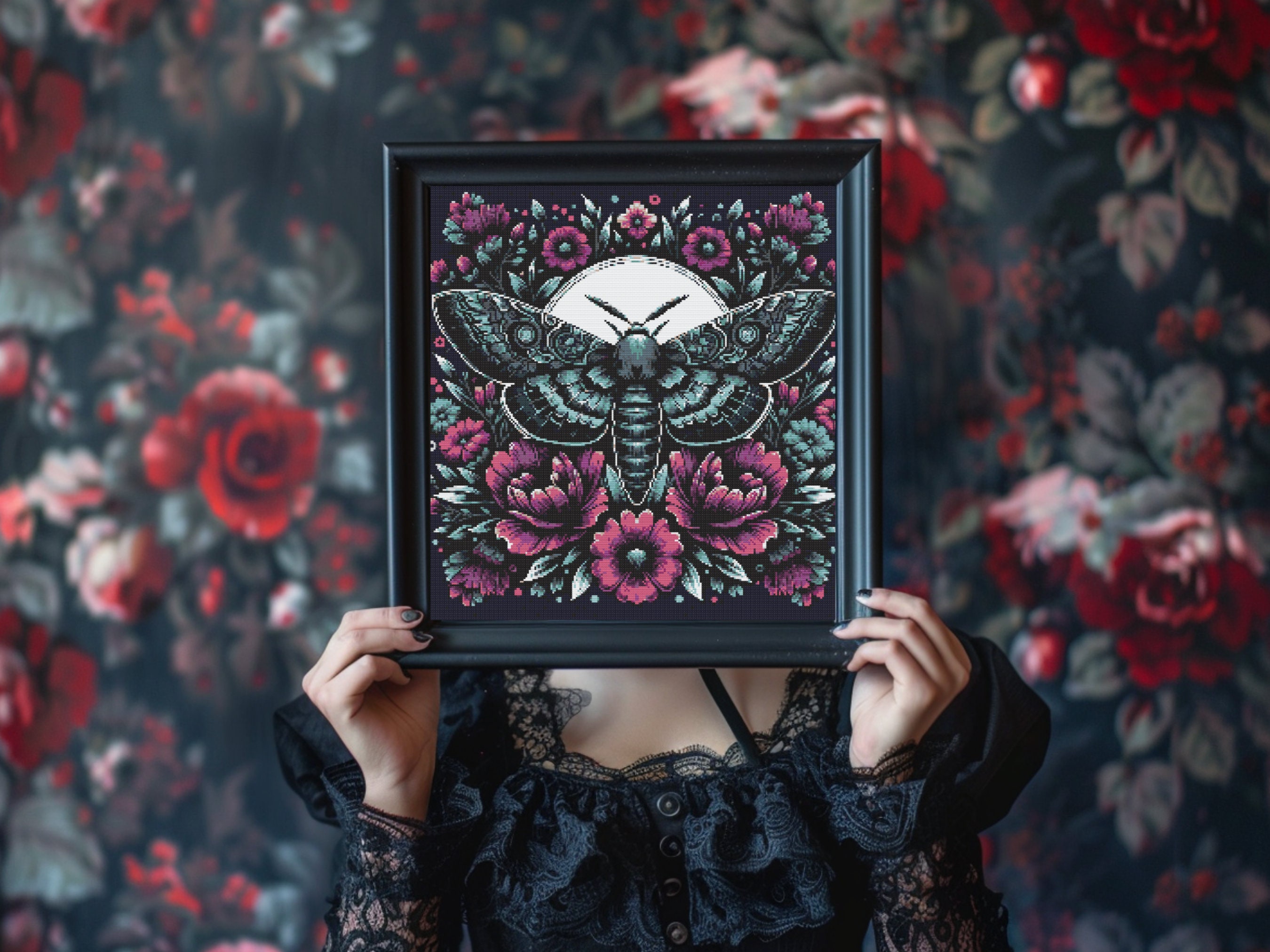 Gothic Moth Cross Stitch Pattern PDF Floral Moth Cross Stitch Chart ...
