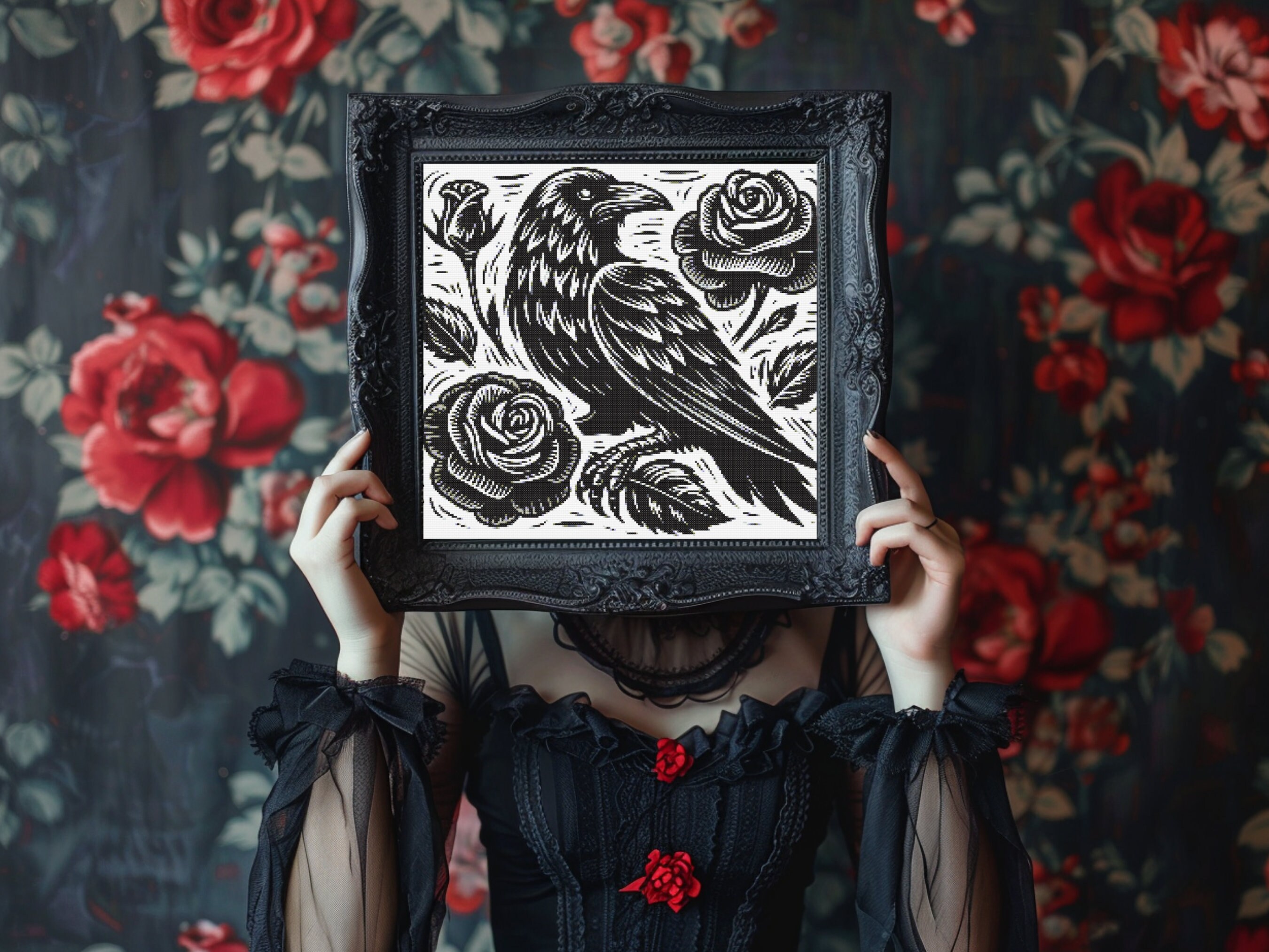 Raven Woodcut Cross Stitch Pattern: Gothic Halloween X-stitch (PDF) - Etsy