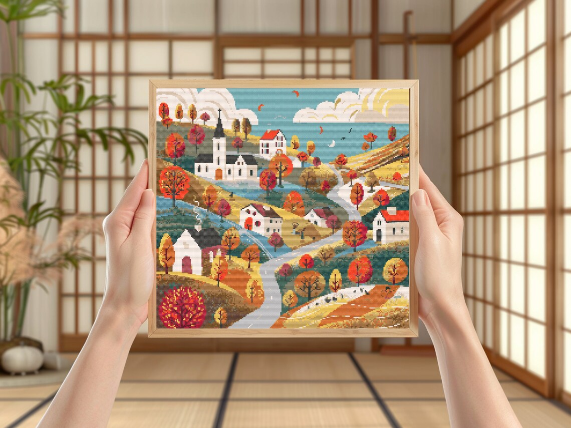 Autumn Village Cross Stitch Pattern: Landscape Town Design (PDF ...